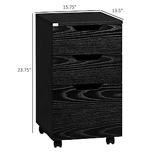 HOMCOM 3 Drawer Mobile File Cabinet, Rolling Printer Stand, Vertical Filing Cabinet, Black Wood Grain