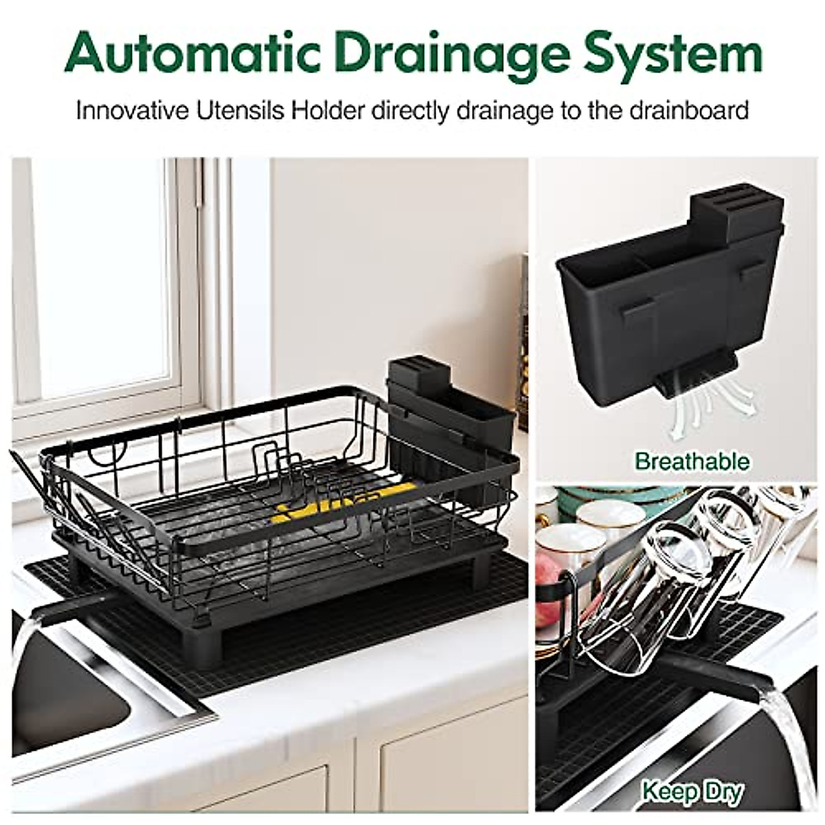Qienrrae Dish Drying Rack with Drainboard Set, Stainless Steel Dish Drainers for Kitchen Counter, Dish Strainer with Utensil Holder, 360° Swivel Spout and Extra Dryer Mat, Black
