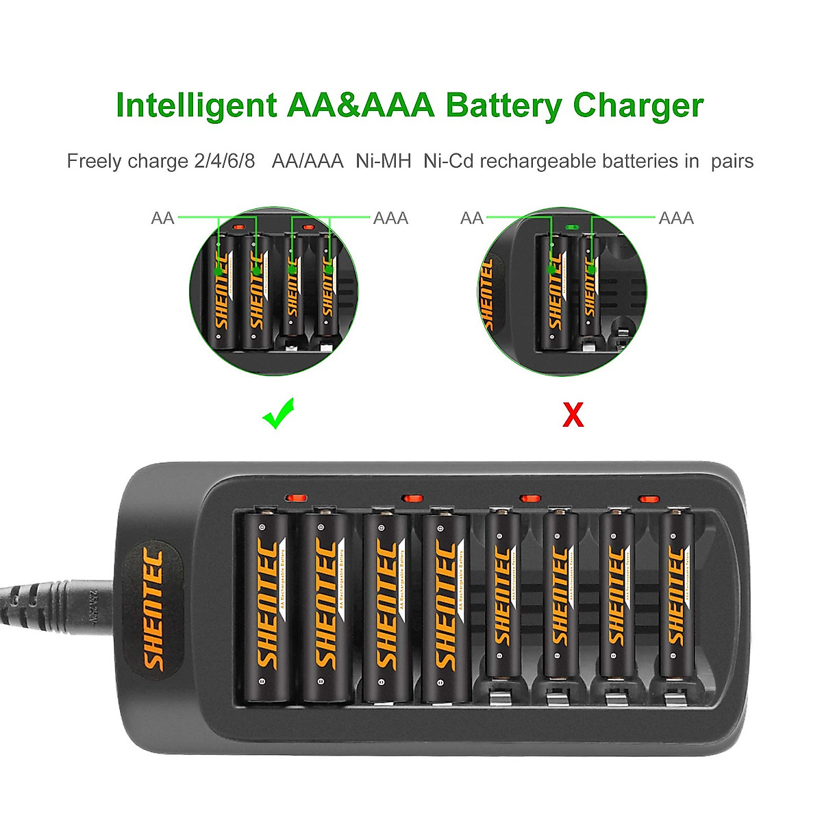 Shentec 8 Packs 2.5Ah High Capacity Rechargeable AA Batteries Ni-MH Rechargeble Battert with AA AAA Battery Charger