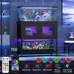 iSunirm 40 Gallon Fish Tank Stand with LED Light and Outlet, Metal Aquarium Stand with Cabinet and Accessories Storage, Reptile Tank Turtle Terrariums Table Stand Hold 880LBS and 2 Aquariums, Black