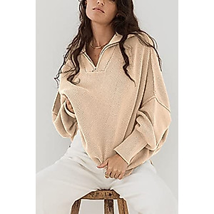 PRETTYGARDEN Women's 2023 Fall Pullover Oversized Sweaters Casual Long Sleeve Zip Up Collared Winter Tops Blouse (Apricot,Small)