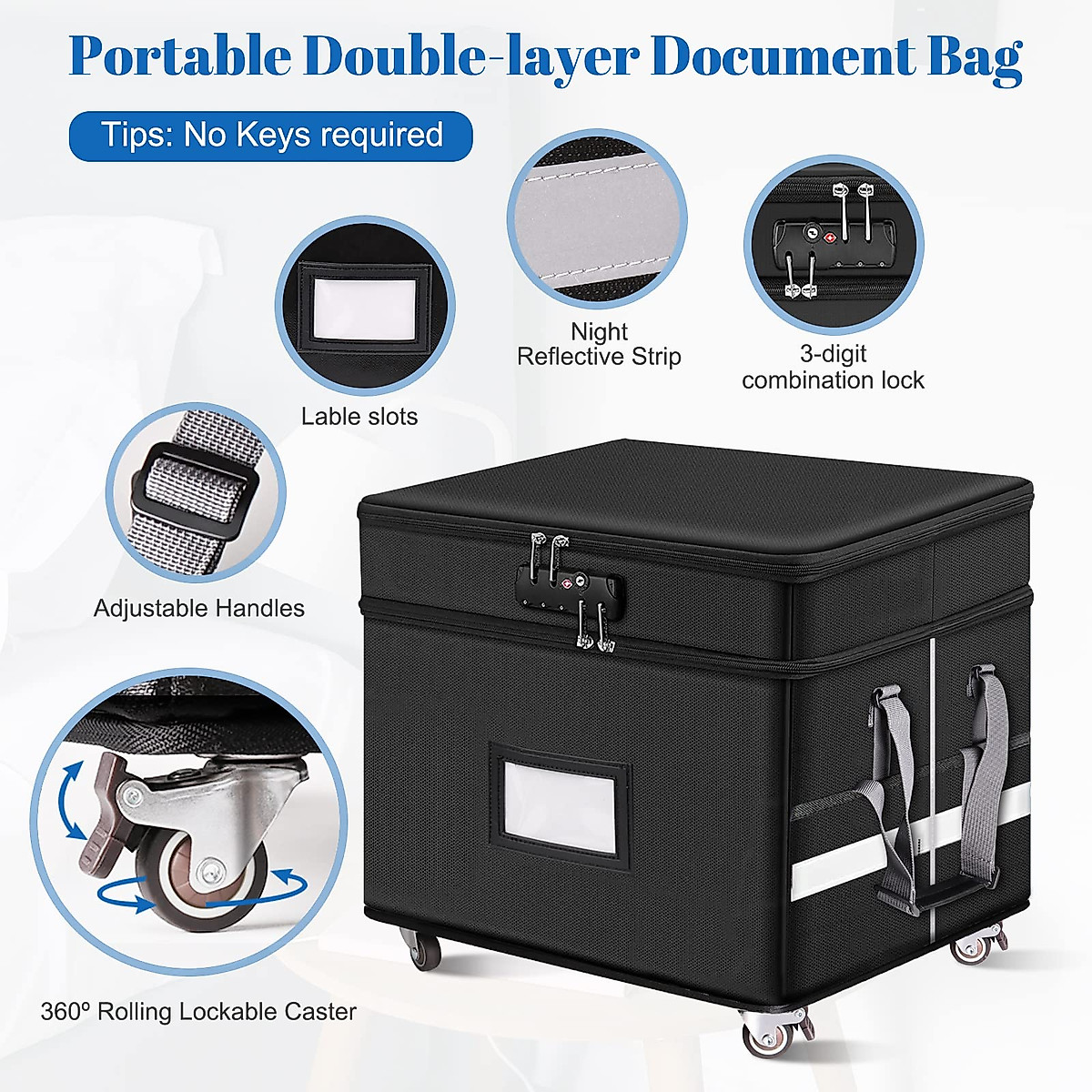 Fireproof Document Box with Lock, 2 Layer File Organizer Box with Wheels, Collapsible Safe File Box Document Organizer for Home Office,Rolling File Cabinet for Hanging Letter/Legal Folder