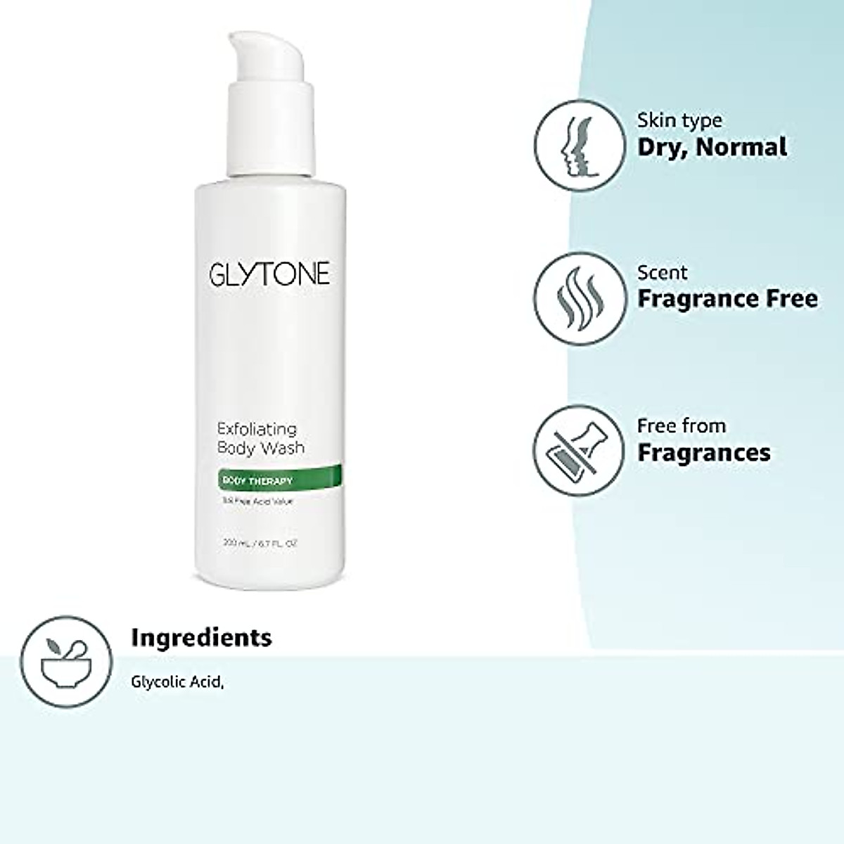Glytone Exfoliating Body Wash with 8.8 Free Acid Value Glycolic Acid, Keratosis Pilaris, KP, Smooth Rough & Bumpy Skin, Chicken Skin, Oil-Free, Fragrance-Free, 6.7 Fl Oz