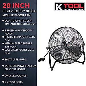 K Tool International 77722; 20 Inch, High Velocity Quick Mount Floor Fan, Converts to Wall Fan, 3- Speed Motor, 360 Degree Tilt, Ideal Fan for Home or Office, 5.5 Foot Cord, 2,989 Max CFM, Black