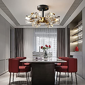 OKES Semi Flush Mount Ceiling Light,13inch Modern Black and Gold Crystal Chandeliers,6-Lights Industrial Sputnik Chandeliers for Bedroom,Kitchen,Hallway,brthroom,entryway,Dining Room