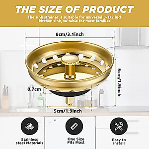 Retisee 2 Pcs Gold Kitchen Sink Stopper Strainer Stainless Steel Sink Filter for Universal 3-1/2 Inch Kitchen Sink Drain Replacement