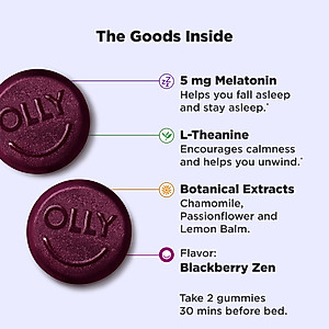 OLLY Extra Strength Sleep Gummy, Occasional Sleep Support, 5 mg Melatonin, L-Theanine, Chamomile, Lemon Balm, Sleep Aid, BlackBerry - 50 Count