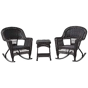 Jeco 3 Piece Rocker Wicker Chair Set, Black