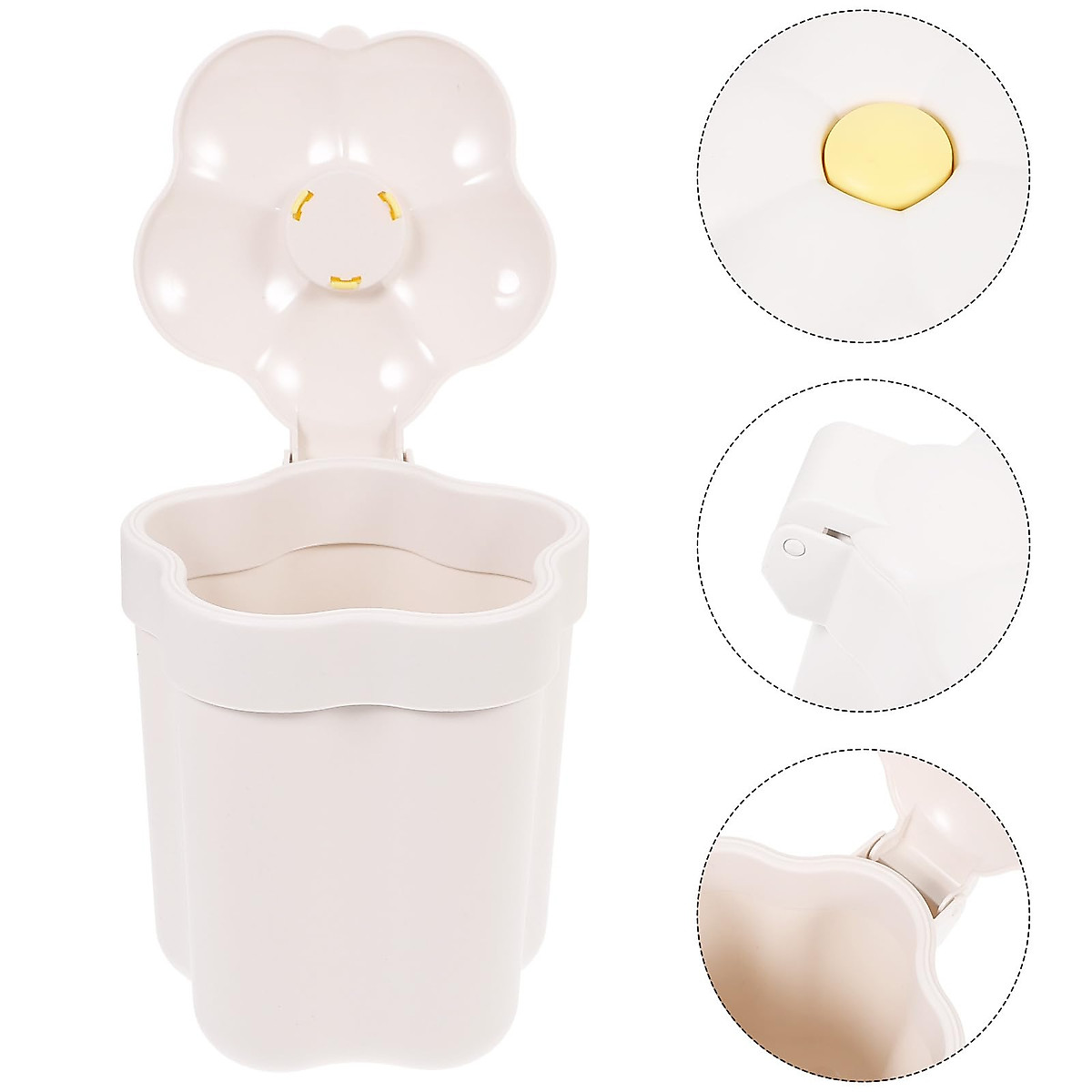 TEHAUX Mini Desk Trash Can with Lid, Desktop Mini Plastic Waste Garbage Can Countertop Garbage Bin Cute Flower Shape Wastebasket Mini Waste Can for Desk Car Office Home Kitchen, White