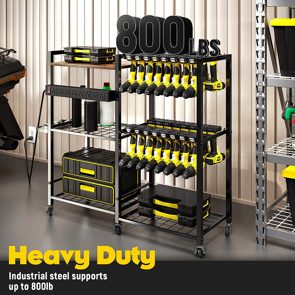 TC-HOMENY Power Tool Organizer Garage Storage with Charging Power Strip, 28 Drill Rack Tool Holder Racks Rolling Tool Cart on Wheels, Tool Shelf Organizer, Garage Workshop Gifts for Men Dads