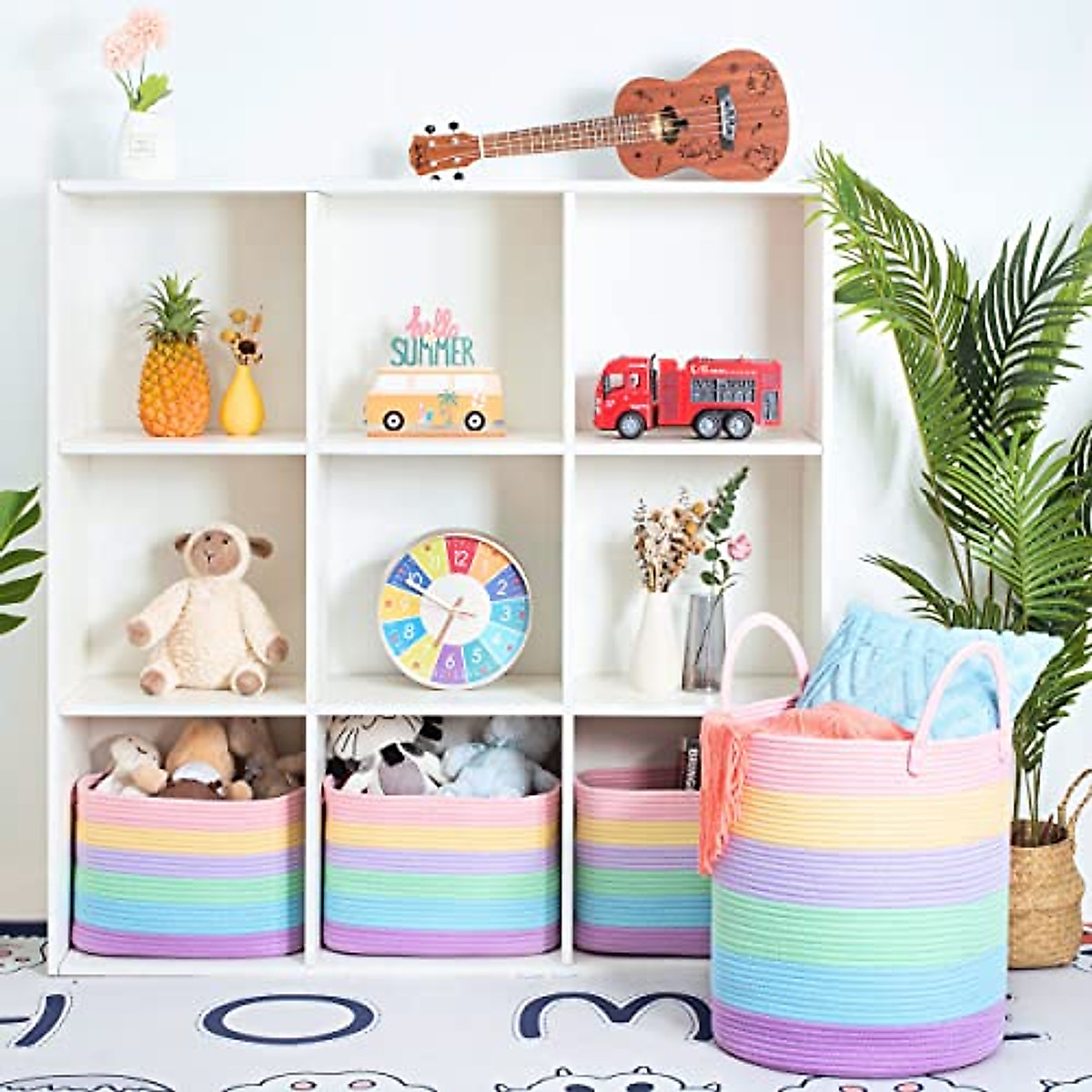 MINTWOOD Design Large Decorative Woven Cotton Rope Basket, Tall Laundry Basket Hamper, Blanket Basket for Living Room, Storage Baskets for Toys, Towel, Throw, Pillow, 60L Pastel Rainbow