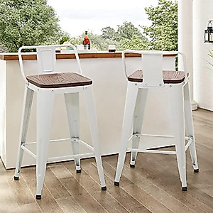 Sophia & William 24 Inch Metal Bar Stools Set of 4 Counter Height Detachable Low Back Bar Stools with Wooden Seat,Indoor/Outdoor Barstools,Creamy White