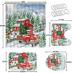 Alishomtll 4 Pcs Christmas Shower Curtain Sets with Non-Slip Rugs, Toilet Lid Cover, Bath Mat and 12 Hooks, Xmas Red Truck Shower Curtain for Christmas Bathroom Decoration Sets