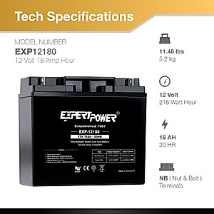 ExpertPower 12 Volt 18 Ah Rechargeable Battery With Nuts & Bolts Included || EXP12180