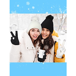 4 Pieces Womens Winter Satin Lined Knit Pom Beanie Hats Touchscreen Gloves Set