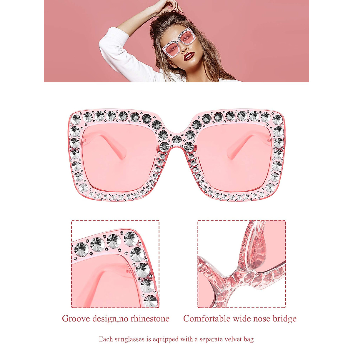 Frienda 2 Pieces Oversize Square Sparkling Sunglasses Retro Thick Frame Sunglasses (Clear Pink, Black)