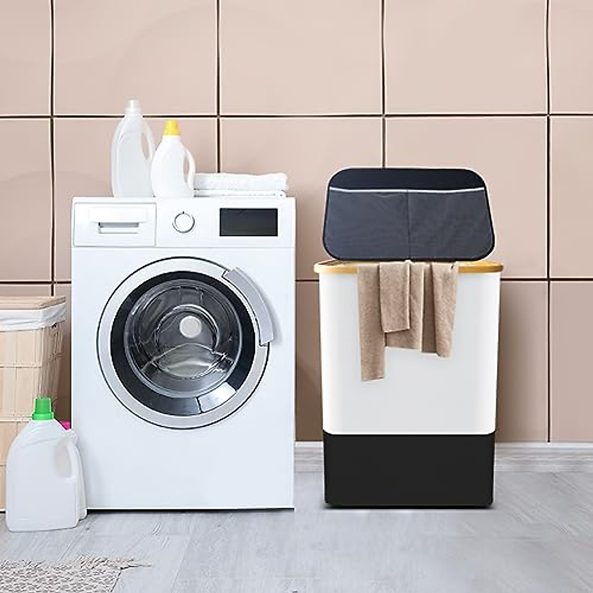 ROPECUBE 145L laundry basket with Lid, Large Foldable Laundry Hamper for laundry with net bag,Clothes Basket Organizer with 2 storage bag for Bedroom and Bathroom (Black and White)