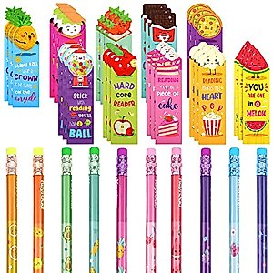 Gueevin 60 Pcs Scented Pencils and Scented Bookmarks for Kids Bulk Set Fun Pencils Cool Fruit Food Theme Scratch and Sniff Bookmarks for Students Girls Boys School Classroom Reward Birthday Supplies