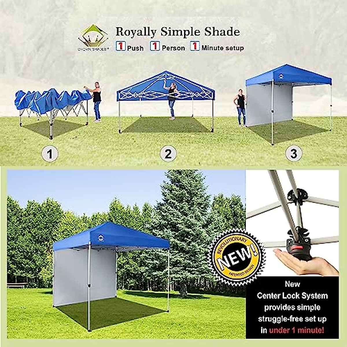 CROWN SHADES Canopy Tent 8x8 Pop Up Canopy Outdoor Shade with One Sidewall, Easy Up Sun Shelter with One Person Set Up Center Lock, Portable Instant Camping Beach Canopy Tents, Blue