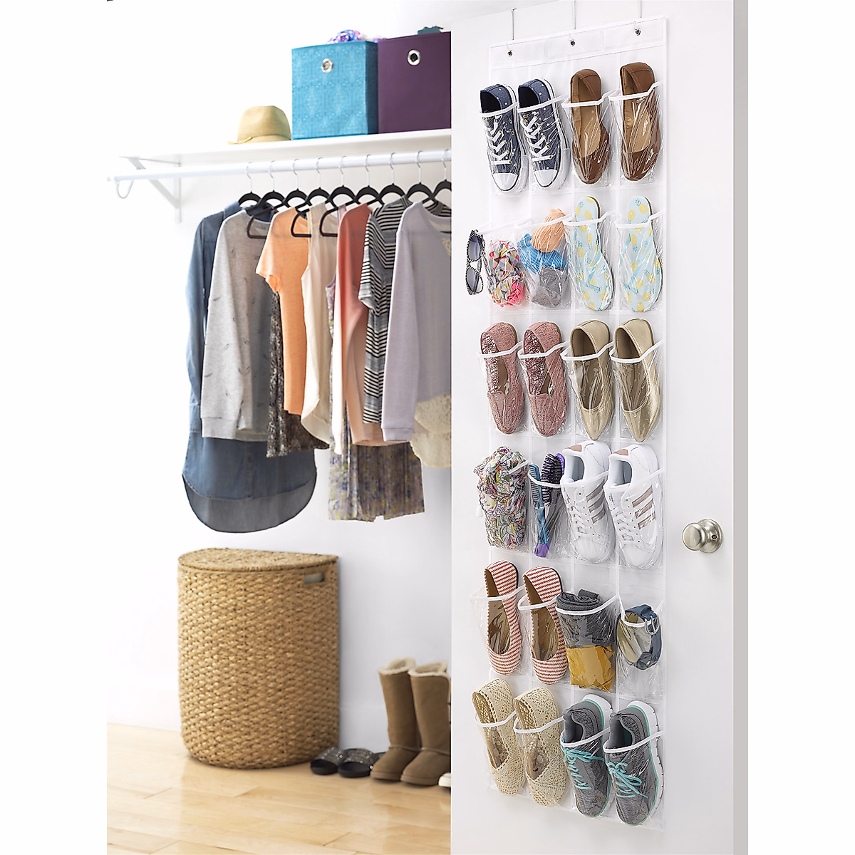 Whitmor Door Shoe Bag Hanging Organizer-12 Pair-24 Oversized Pockets, Clear