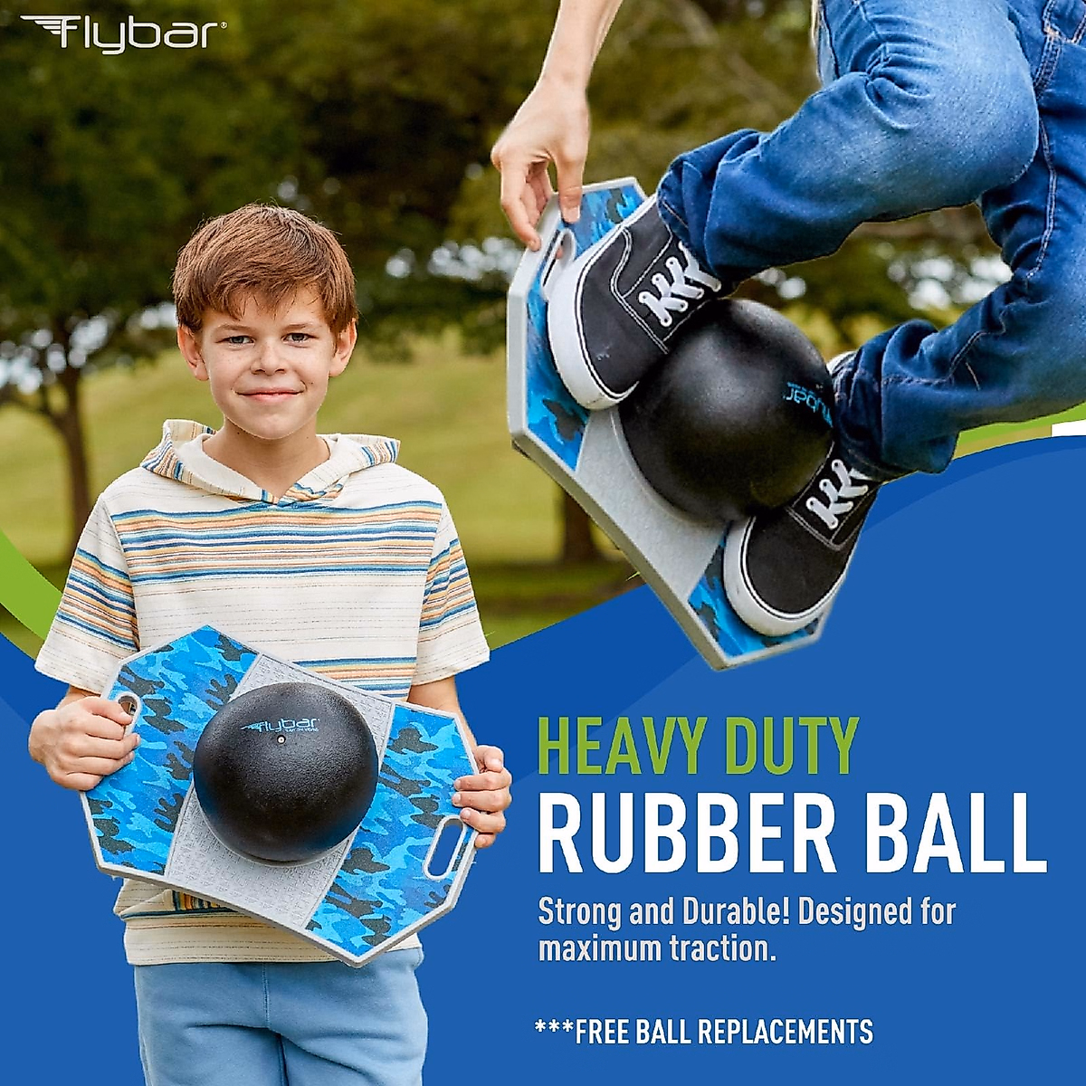 Flybar Pogo Trick Ball for Kids, Trick Bounce Board for Boys and Girls Ages 6+, Up to 160 lbs, Includes Pump, Easy to Carry Handle, Durable Plastic Deck Indoor, Outdoor Toy Pogo Jumper (Blue Camo)