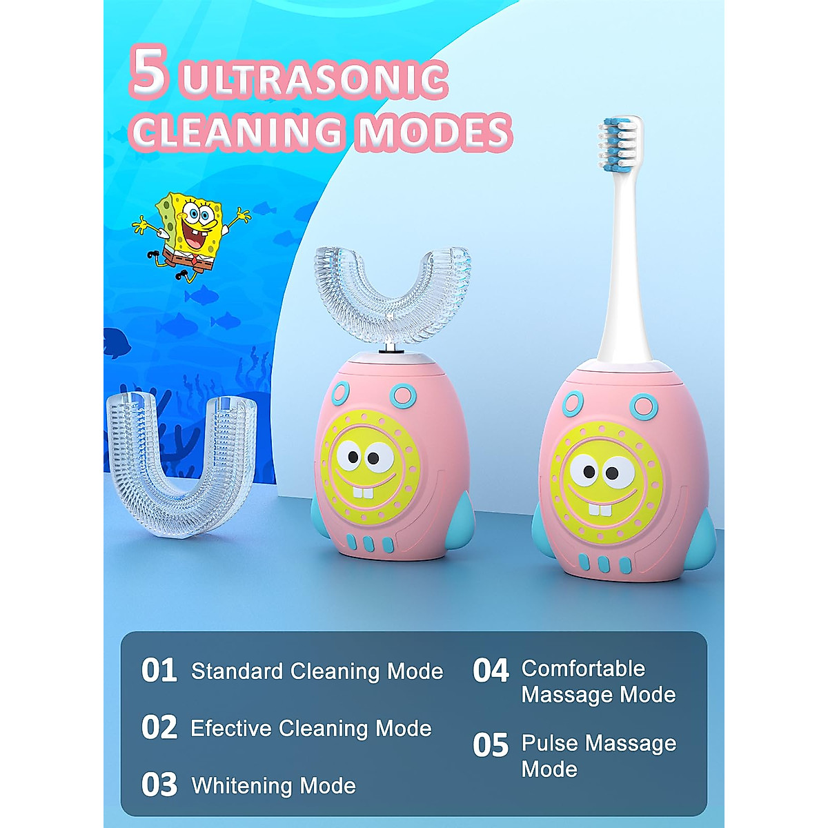 FTOYIN Kids U Shaped Electric Toothbrush, Kids Electric Toothbrushes with 5 Modes, Sonic Toothbrush Kids IPX7 Waterpoof with 3 Brush Heads, 360° Automatic Toothbrush Kids for Age 2-12