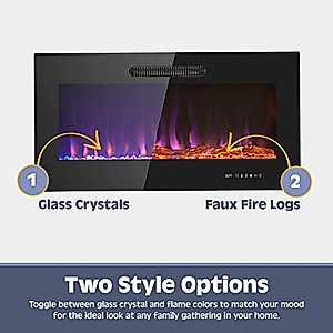 Prominence Home LED Slim Design Electric Fireplace Insert and Wall Mounted Fireplace with 1500 Watt Heater, Log & Crystal Ember Options, Adjustable Realistic Flame and Remote Control, (36 Inch)