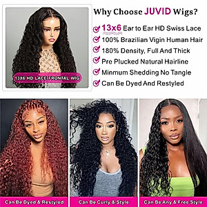 Juvid 13X6 Curly Lace Front Wigs Human Hair 13x6 HD Lace Jerry Curly Frontal Wig for Women 180% Density Glueless Kinky Curly Wigs Pre Plucked Wet and Wavy Deep Wave Wig Natural Black 24 inch
