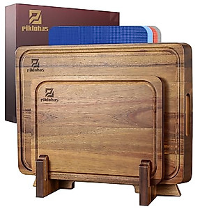 Acacia Wood Cutting Boards Large Set of 7, Charcuterie Chopping Board for Kitchen with Holder, Plastic Serving Board Mats, Juice Groove, Reversible Butcher Block for Meat Cheese Bread
