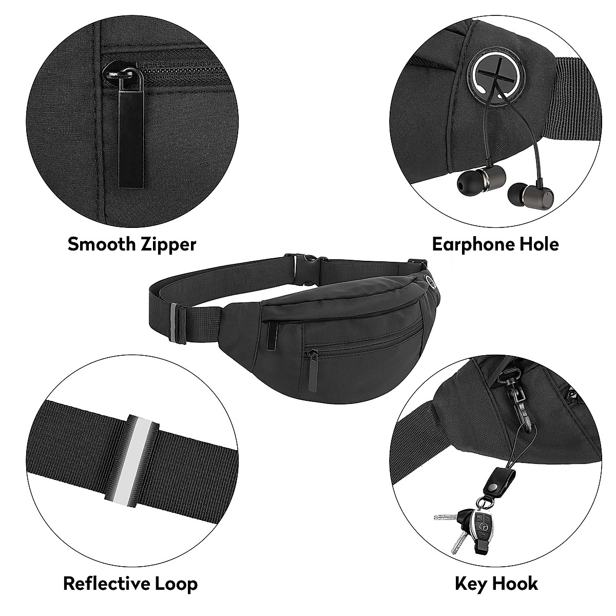 Viqueen Fashion Large Fanny Waist Pack Crossbody Belt Bag for Women and Men,Lightweight Bag with Zipper and Pockets,Water Resistant,Hands Free Phone Carrying,for Running,Sports(Black)