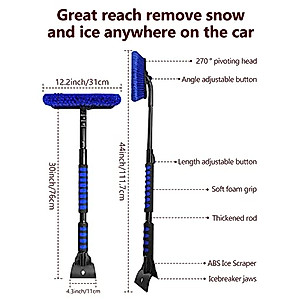 auccutro 44'' Snow Brush Ice Scraper for Car Windshield, Extendable Snow Removal Tool Car Brush with Comfortable Foam Grip and Sturdy Aluminum Handle for Car, Truck, SUV