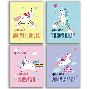 SUUURA-OO Colorful Baby Nursery Wall Decor, Funny Colorful Unicorn Bedroom Watercolor Art Print Set of 4 (8”X10”), Unicorn art Poster for Nursery, girls Kids Home Wall Decor, No Frame (You Are)
