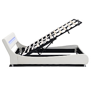 Low Profile Upholstered Platform Bed with LED Lights Headboard, Hydraulic Lifting Under Bed Storage, Modern Curved PU upholstered Low Profile Platform Bed Frame for Kids Teens Adults (White, Full)