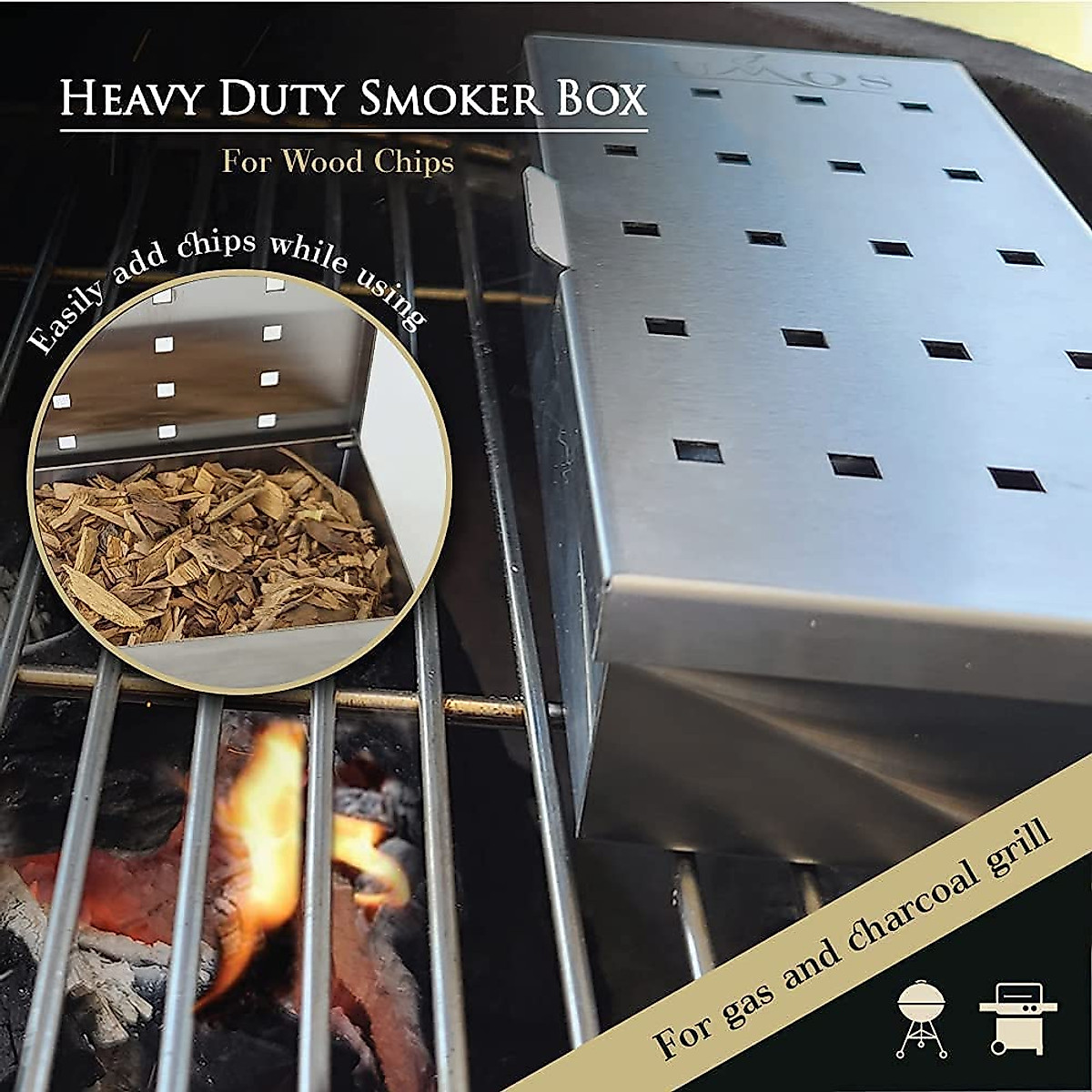 HUMOS, Combo, Outdoor Vertical Charcoal Smoker 3, Premium Extra Thick BBQ Tools Set x 4 pcs, Wood Fire Starter 48 Squares for Grill and Top Meat Smokers Box in Barbecue Grilling Accessories.