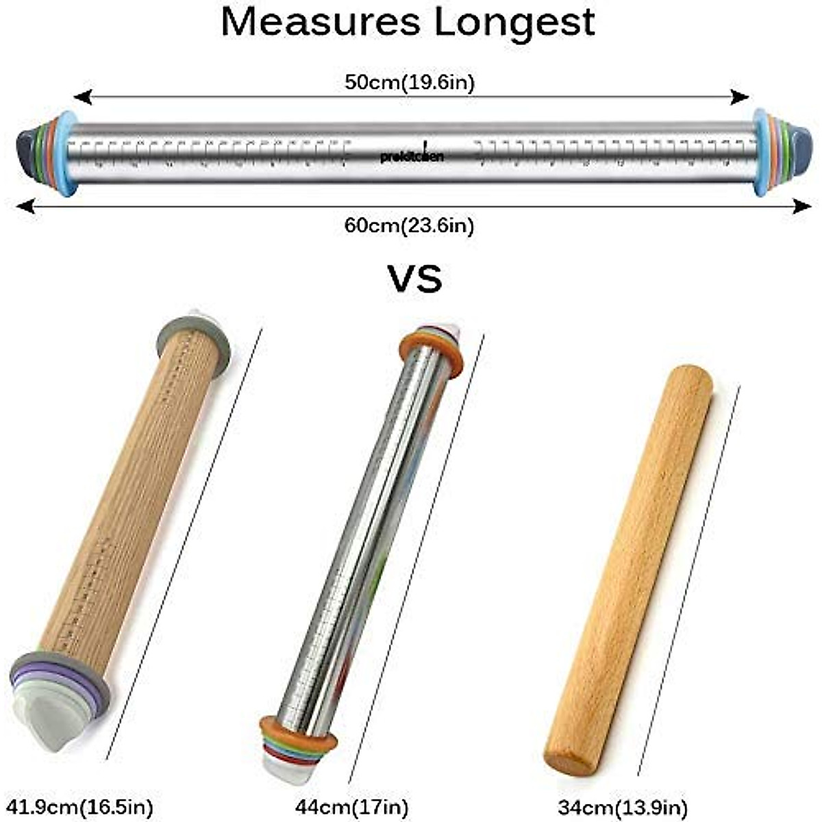 Prokitchen 23.6 Inch Rolling Pin with Thickness Rings-Adjustable Stainless Steel Roller Guides Spacers Baking Tools for Dough Pizza Pie and Cookies