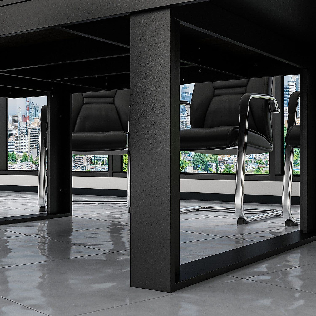 FAMAPY 7.2FT Conference Table Podcast Table, Black Metal Frame, Rectangular Office Table Meeting Table Podcast Table, Black and Deep Walnut (86.8”W x 47.2”D x 29.4”H)