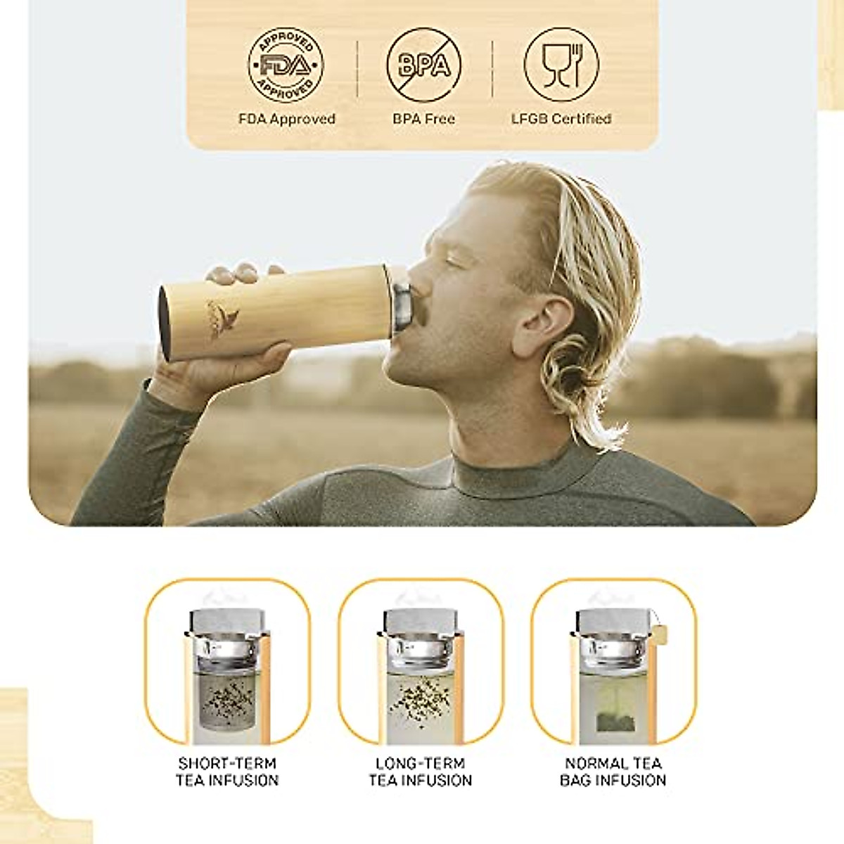 Bamboo Tumbler with Tea Infuser Bottle Loose Leaf Strainer – Advanced Double Insulated Stainless Steel Travel Thermos - Best Gift for Tea Lovers - Leak-Proof Hot Coffee Mug, Fruit Water Bottle (17 oz)