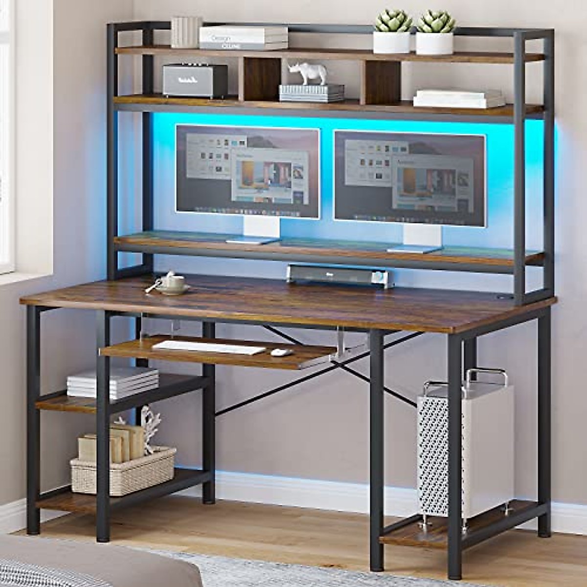 SEDETA Computer Desk, 55" Gaming Desk with LED Lights and Hutch, Computer Desk with Storage Shelves, Keyboard Tray & Monitor Stand, Home Office Desk, Gamer Desk PC Table, Rustic Brown