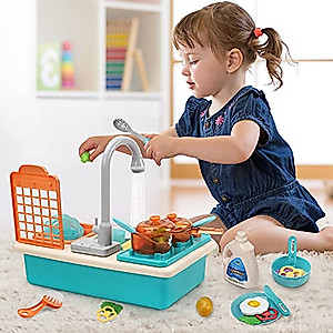 CUTE STONE Play Kitchen Sink Toys with Upgraded Real Faucet, Play Cooking Stove, Cookware Pot and Pan,Play Food, Color Changing Dishes Accessories for Boys Girls Toddlers