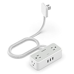 Ultra Thin Flat Extension Cord, TESSAN Surge Protector Flat Plug Power Strip 4 Wide Spaced AC Outlets 3 USB, 900 Joules 5FT Extension Cord for Home Office Dorm