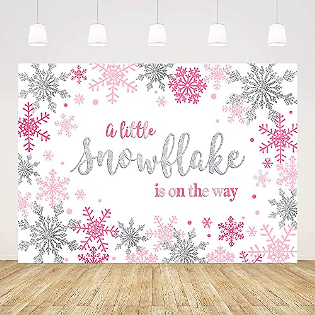 ABLIN 7x5ft Winter Snowflake Baby Shower Backdrop A Little Snowflake is On The Way Silver Pink Snowflakes Girl Baby Shower Party Decorations Photography Background Photoshoot Props