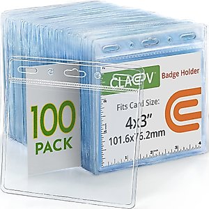 Claev Horizontal Flexible and Tear Resistant Card Protector (Clear, 4x3 Inch, 100 Pack), Large Easy Open Plastic ID Name Badge Holders for Conferences, Conventions, Offices & Schools