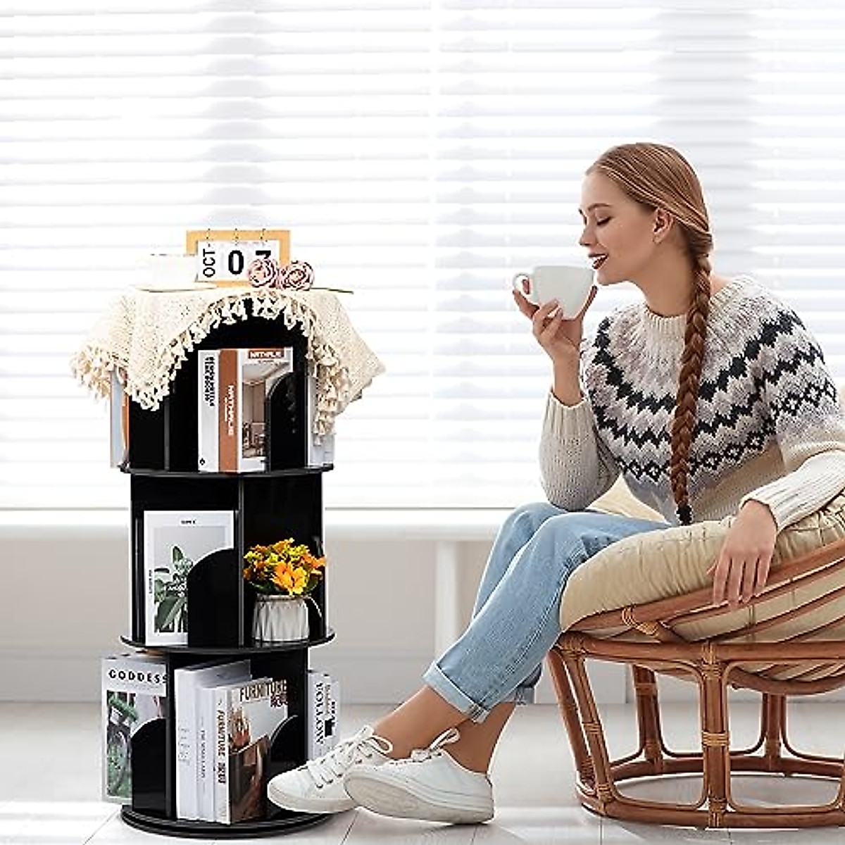 DOEWORKS 3 Tier 360 Heavy Duty Rotation Display Bookcase, Rotating Stackable Bookshelf Organizer Storage Display Rack for Home Office, Black