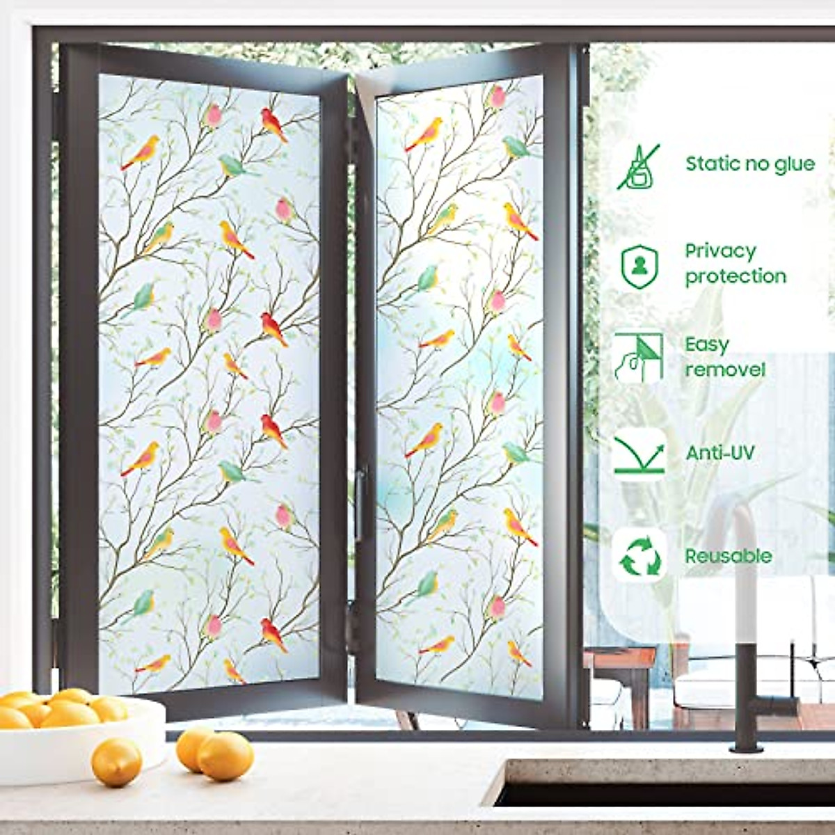 Viseeko Stained Glass Window Film: Bird Window Privacy Film Non-Adhesive Window Clings Room Decor Frosted Window Decals UV Blocker Removable for Bathroom Kids Study Room