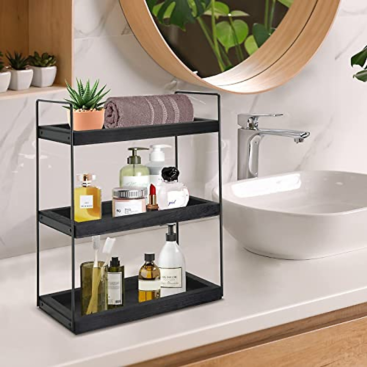 3 Tier Bathroom Counter Organizer, Wood Bathroom Organizer Countertop Storage Shelf, Bathroom Trays for Counter, Standing Rack Skincare Organizer Cosmetic Holder, Kitchen Spice Rack Bathroom Decor