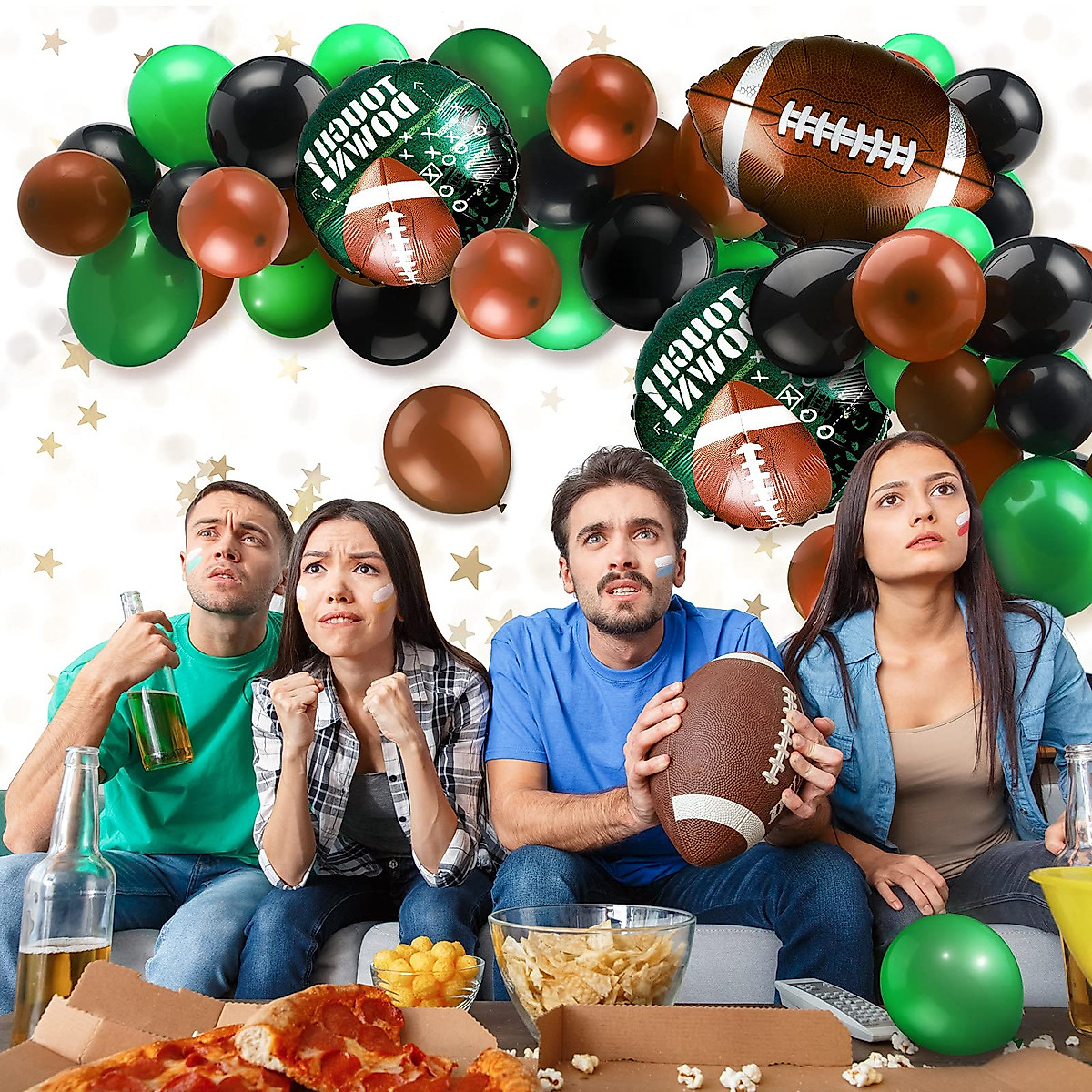 97 Pieces Football Balloons Set 6 Pieces Football Field Foil Balloons 90 Pieces Latex Balloons and Long Balloon Strip for Sport Themed Football Themed Birthday Party Decorations (Black, Green, Brown)