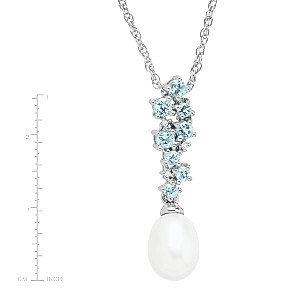 Freshwater Pearl, Nat Blue Topaz Pendant w Diamonds Sterling Silver (.015 ct, I-J Color, I3 Clarity), 18"