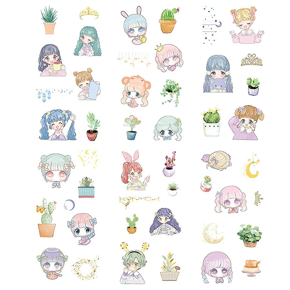 Kawaii Stationery Sticker Set Pink Cherry Blossom Household Gardening Tool Cute Girl Flower Succulent Plants Cactus DIY Labels for Diary Scrapbooking Planner Art Craft Journaling Collage Journal