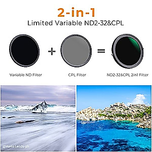 K&F Concept 77mm Variable Fader ND2-ND32 ND Filter and CPL Circular Polarizing Filter 2 in 1 for Camera Lens No X Spot Waterproof Scratch Resistant (Nano-X Series)