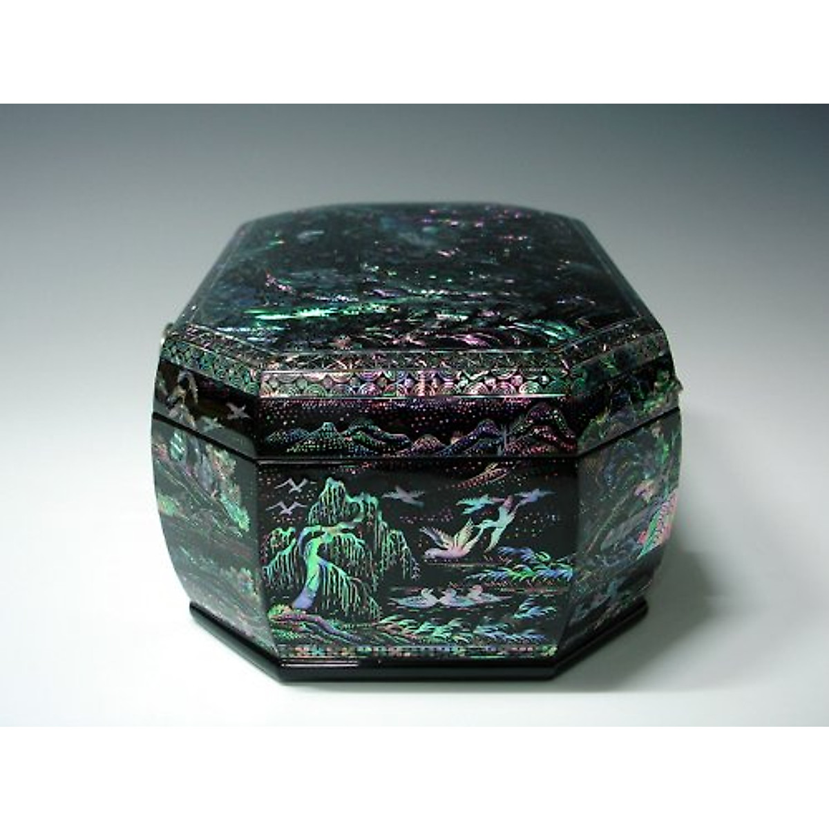 Mother of Pearl Inlaid Landscape Design Lacquered Black Octagonal Luxury Wooden Asian Handcrafted Jewelry Trinket Keepsake Treasure Box Case Chest Organizer